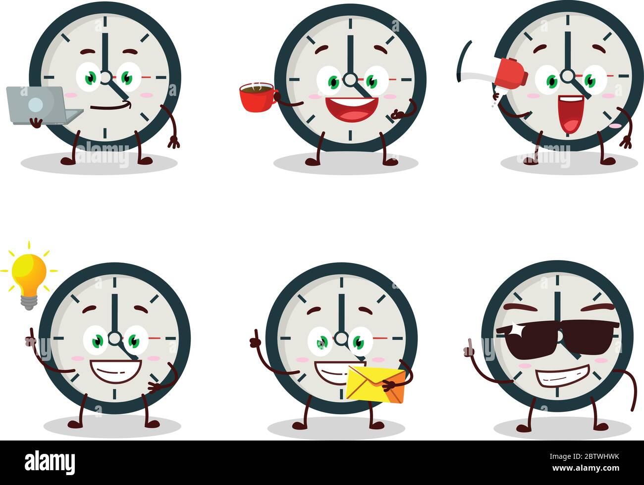 Clock cartoon character with various types of business emoticons Stock ...