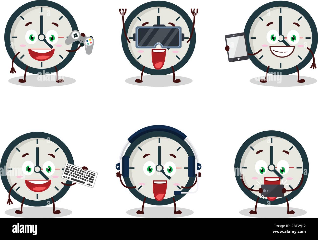 Clock cartoon character are playing games with various cute emoticons ...