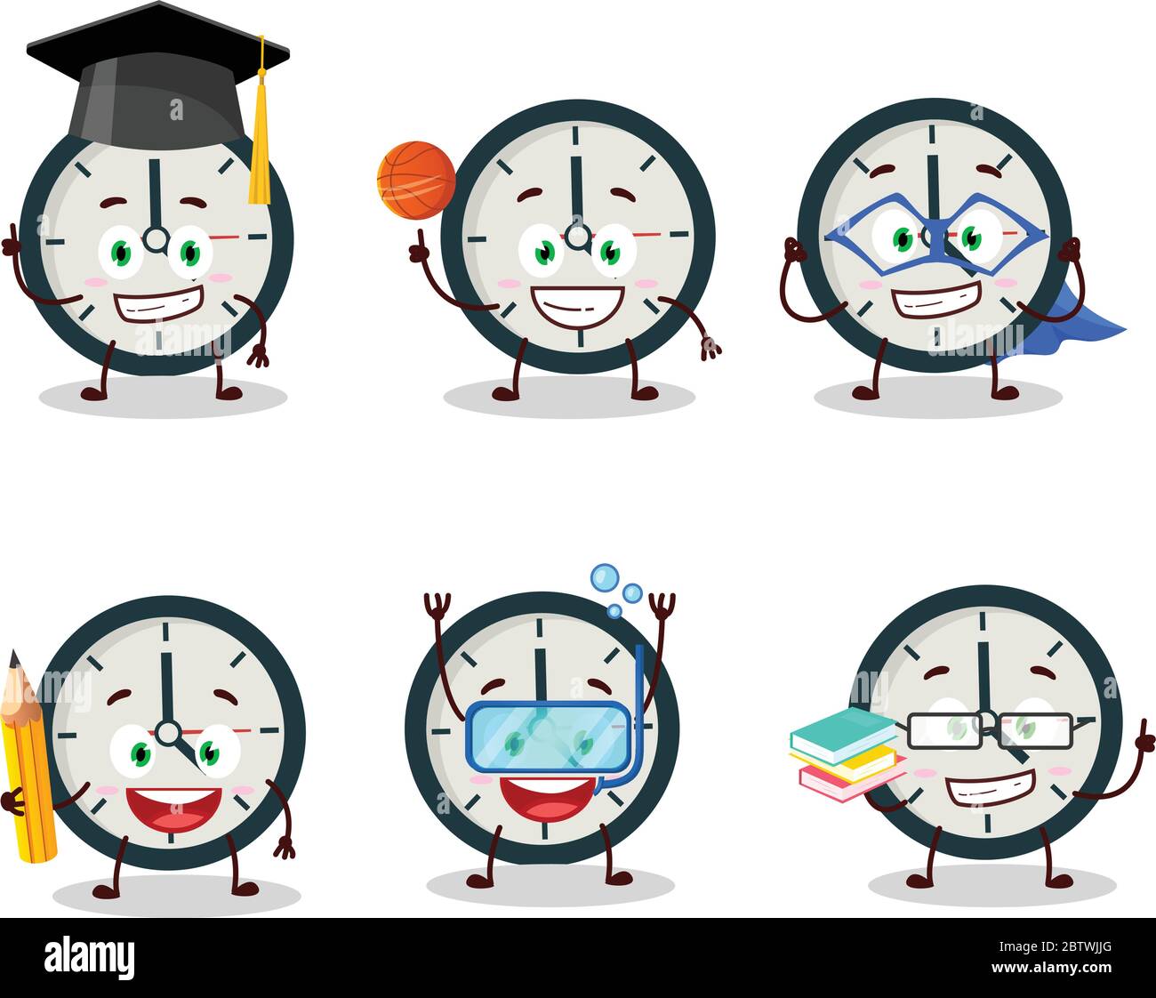 School student of clock cartoon character with various expressions ...