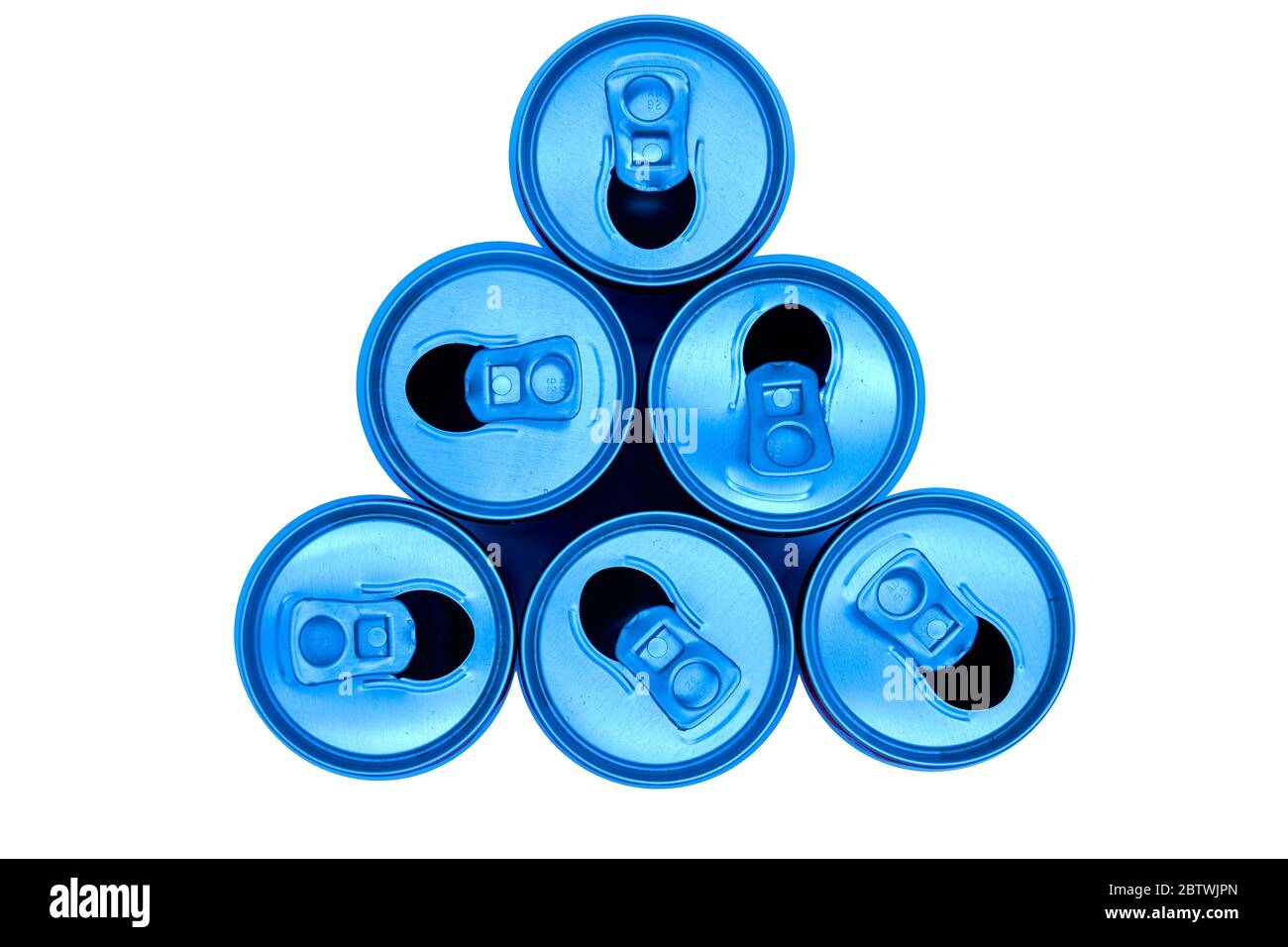 6 drunk blue cans form an isosceles triangle, taken from above, color ...