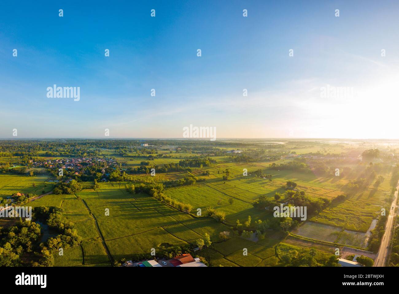 Aerial view of landscape countryside with beautiful sunrise background ...