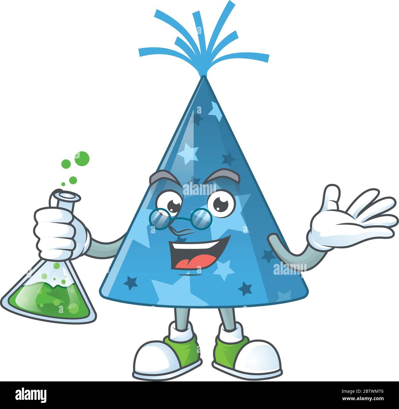 Blue party hat smart Professor Cartoon character holding glass tube on ...