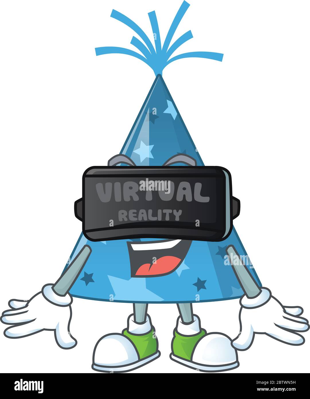 Caricature picture of blue party hat playing a game using Virtual ...