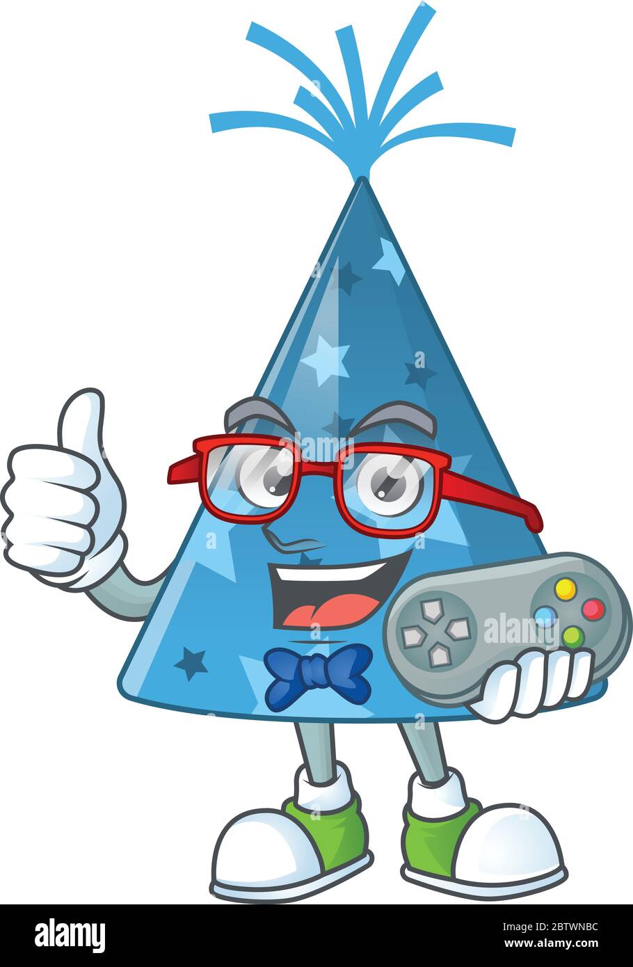Cartoon mascot design of blue party hat play a game with controller ...