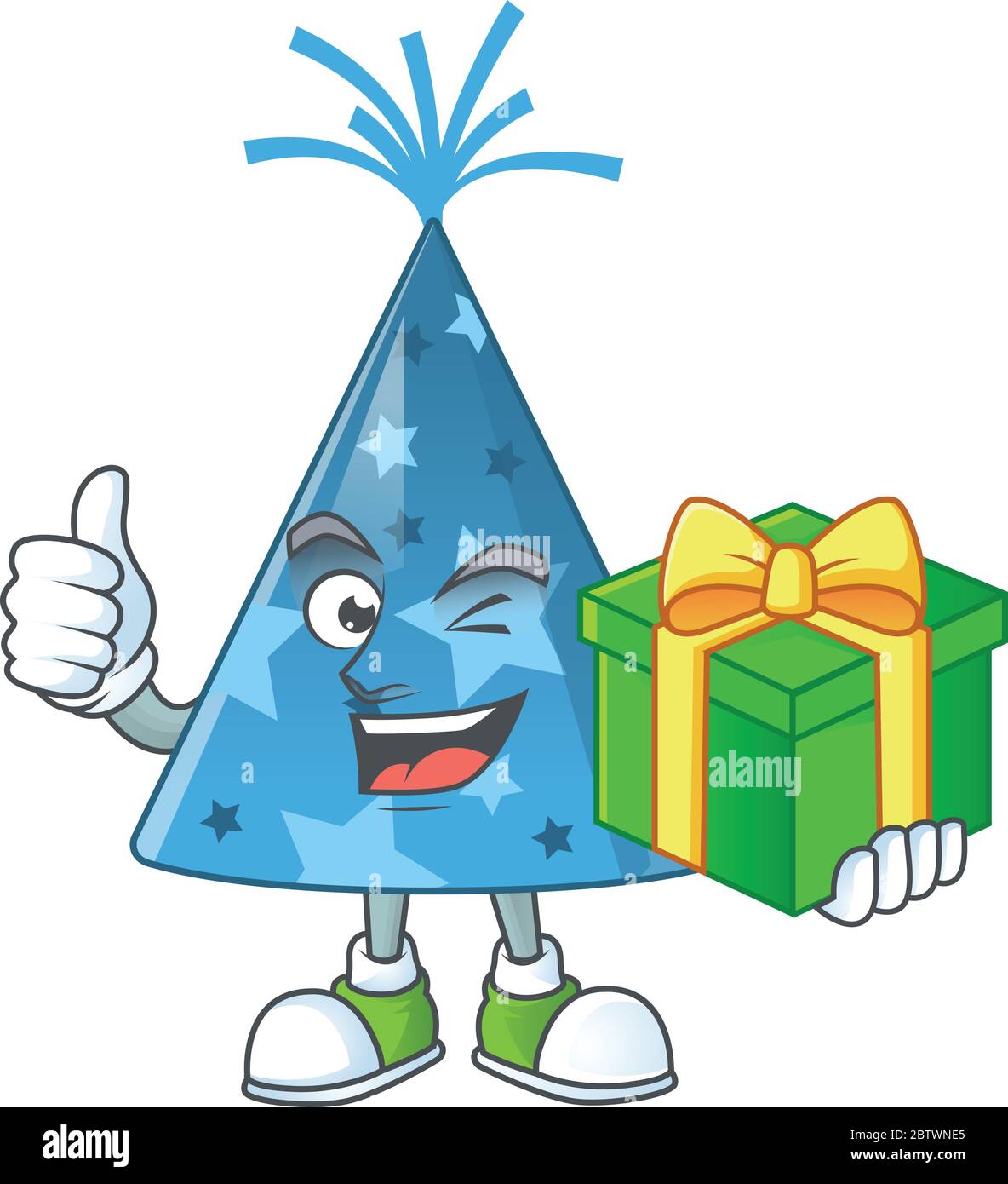 Happy smiley blue party hat cartoon mascot design with a gift box Stock ...
