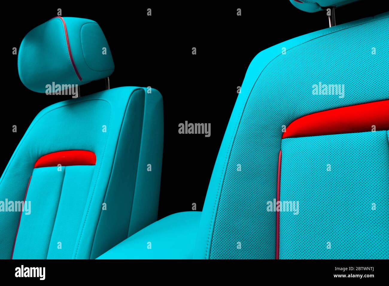Blue leather interior of the luxury modern car. Perforated blue leather ...