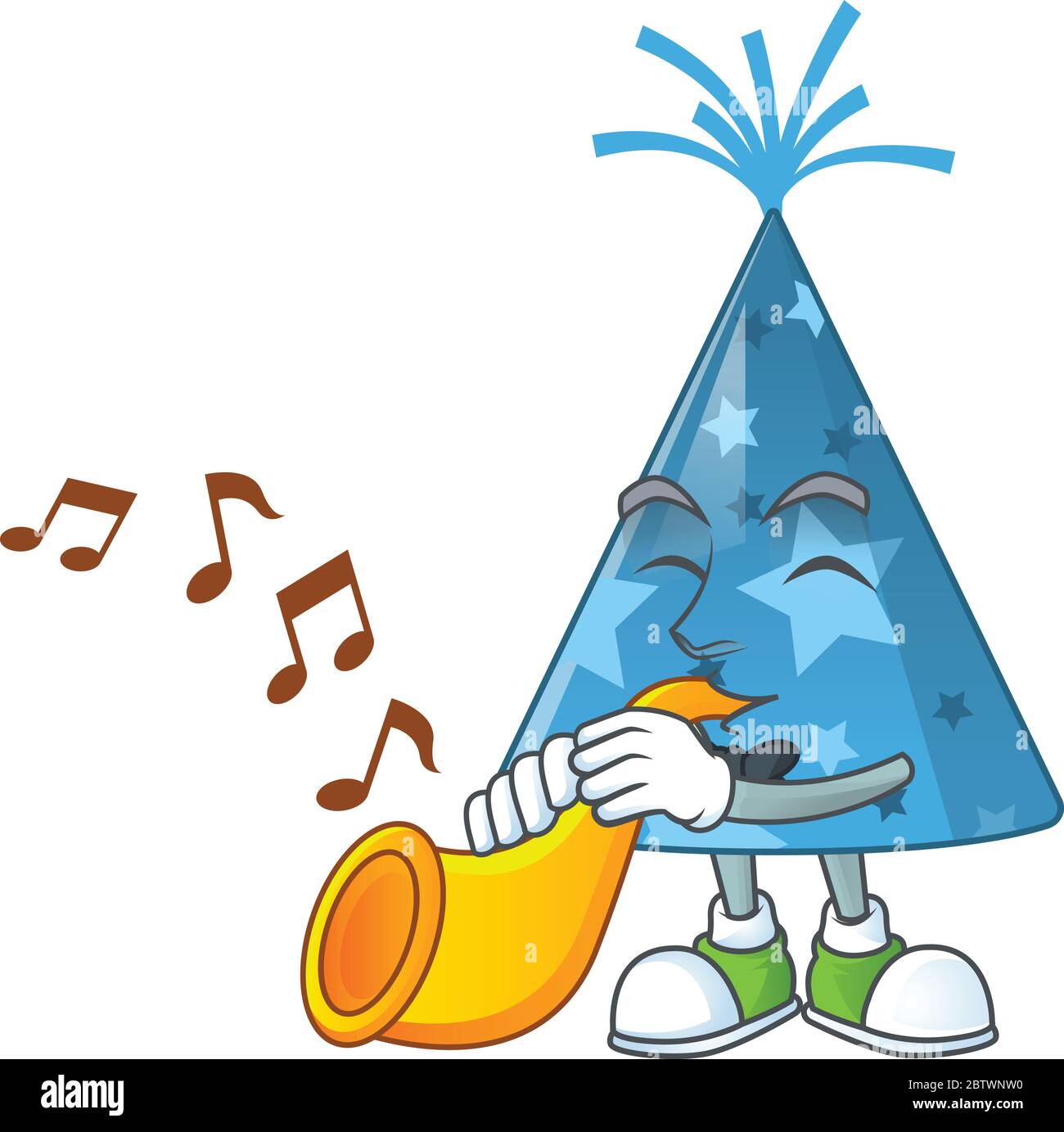 Talented musician of blue party hat mascot design playing music with a ...