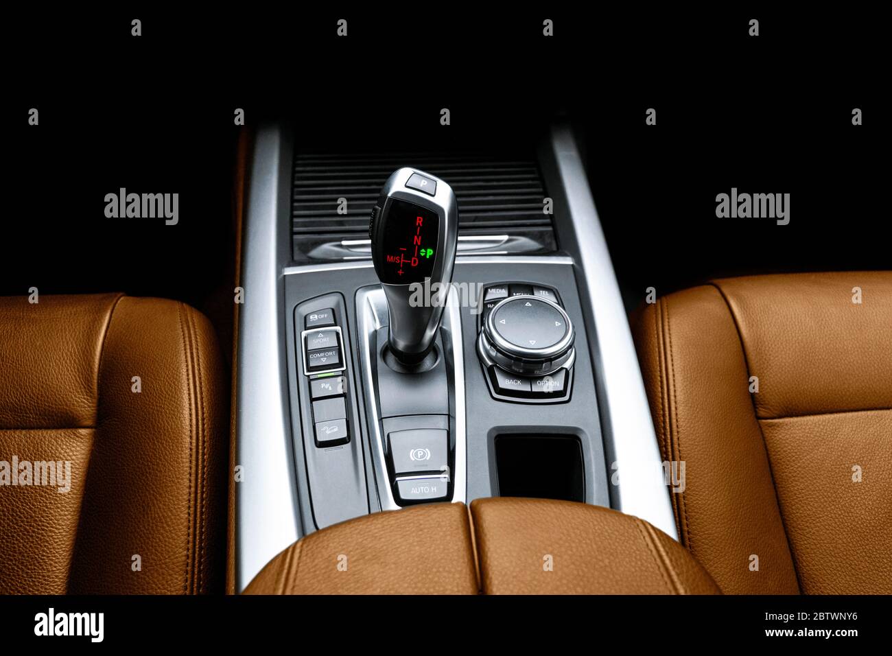 Automatic gear stick (transmission) of a modern car. Multimedia and ...