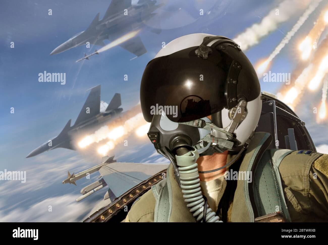 Pilot cockpit view during air to air combat with missiles flares chaff ...