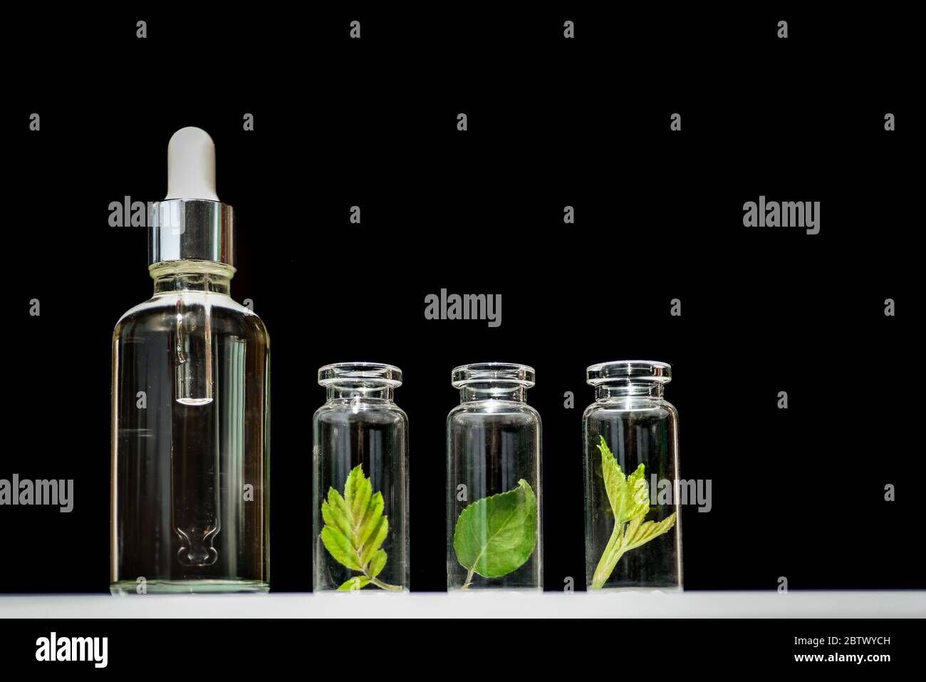 Homeopathic oil, serum and bottles with plants on blblack background ...