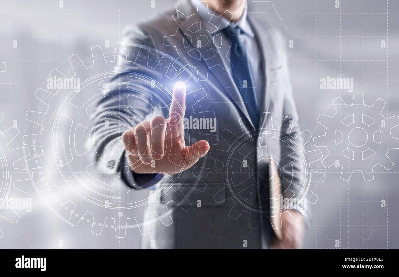 Businessman hand draws gear to success concept. 3D Gear Virtual Screen ...