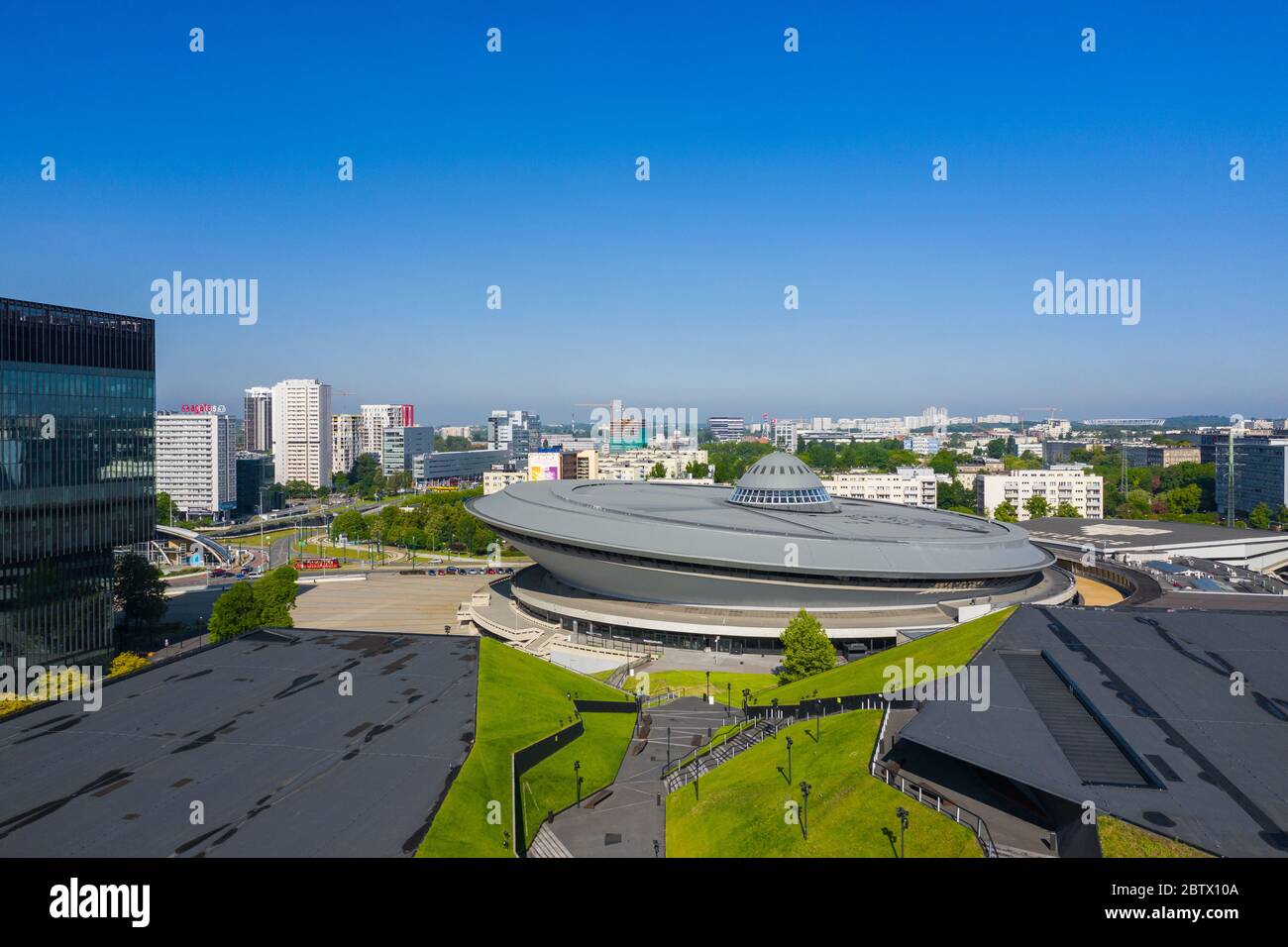 Katowice city center architecture. Aerial view of green grass terraces ...