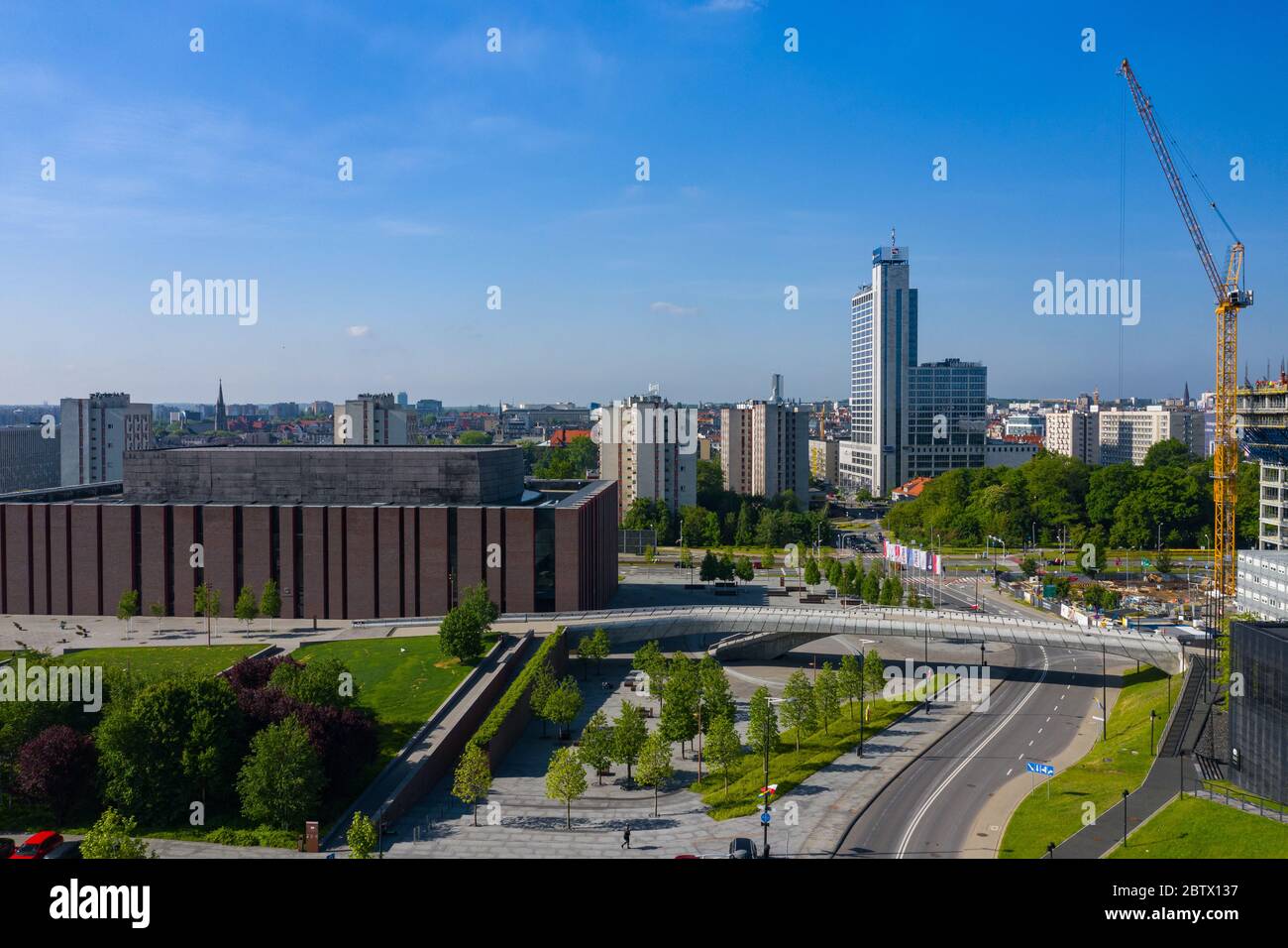 Katowice city center architecture. Aerial view of green grass terraces ...