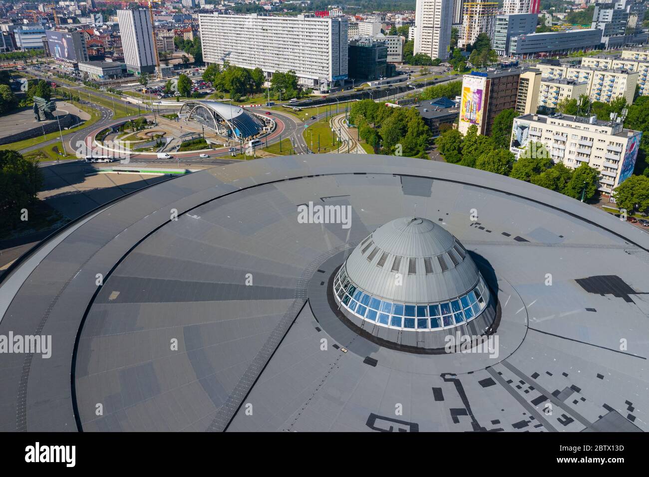 KATOWICE, POLAND - MAY 27, 2020: Aerial photo of “Spodek” arena complex ...