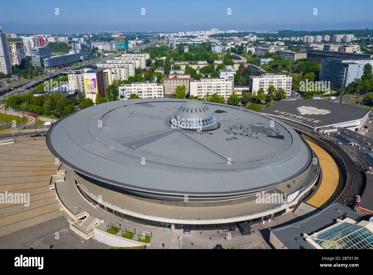 KATOWICE, POLAND - MAY 27, 2020: Aerial photo of “Spodek” arena complex ...