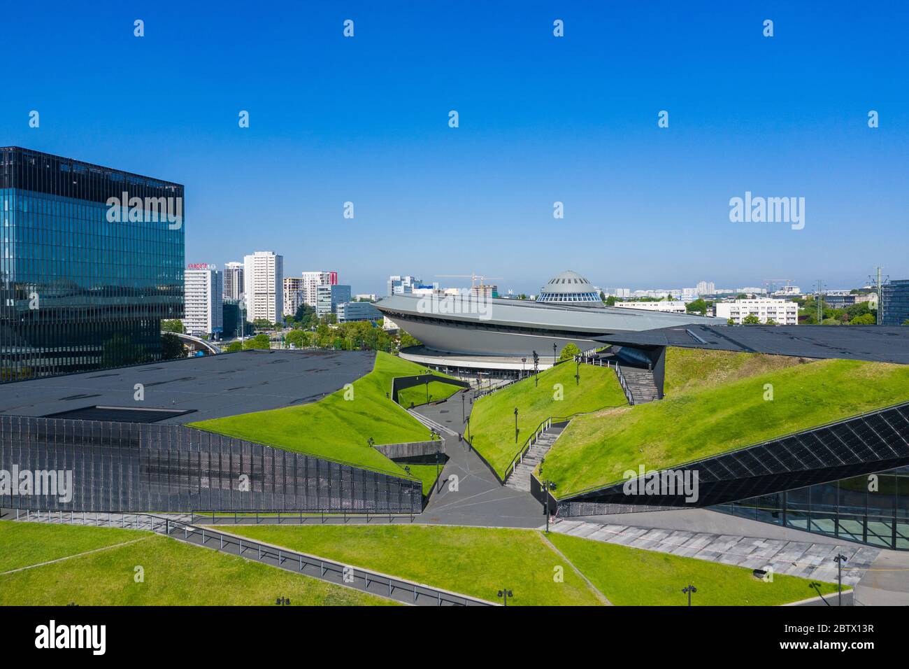 Katowice city center architecture. Aerial view of green grass terraces ...