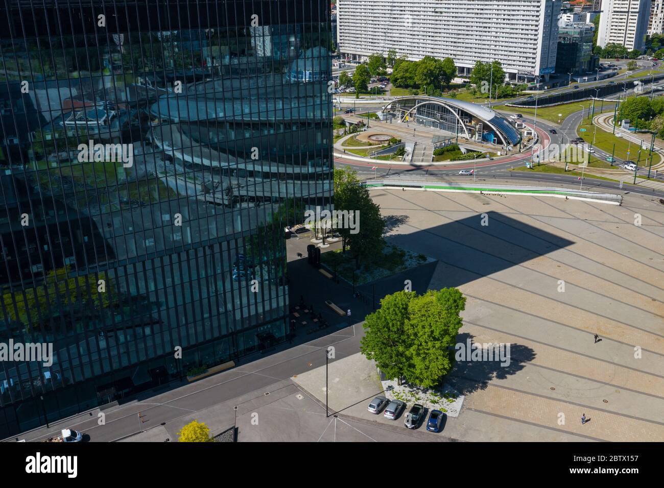 KATOWICE, POLAND - MAY 27, 2020: Aerial photo of “Spodek” arena complex ...