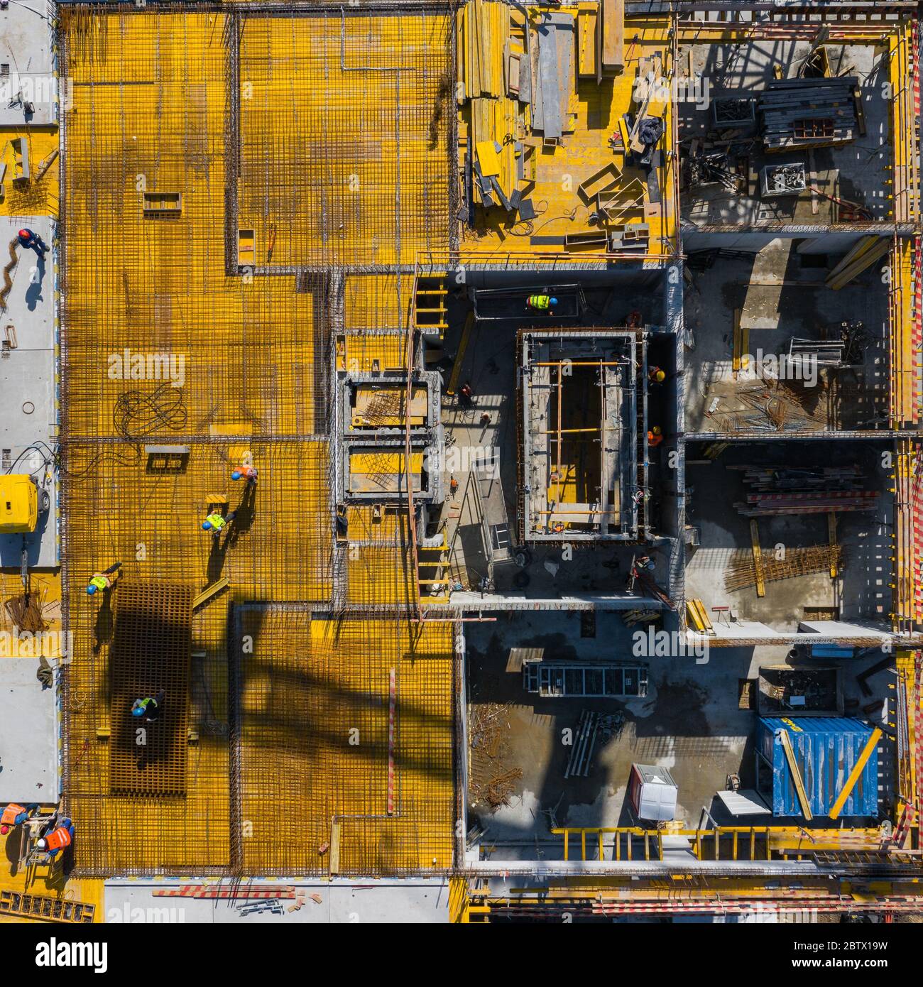 Aerial view of construcion site. People working. Top view of new ...
