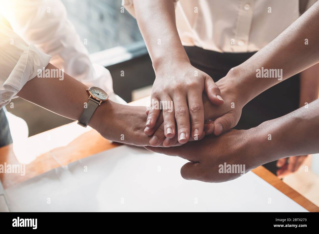 Teamwork Success. Business people group team happy showing teamwork and ...