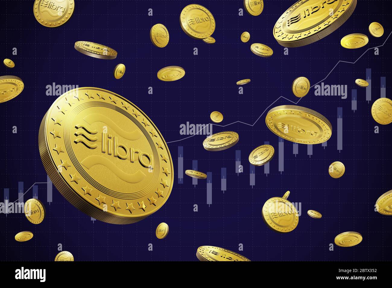 Libra Cryptocurrency digital golden coins Falling on blue background ...