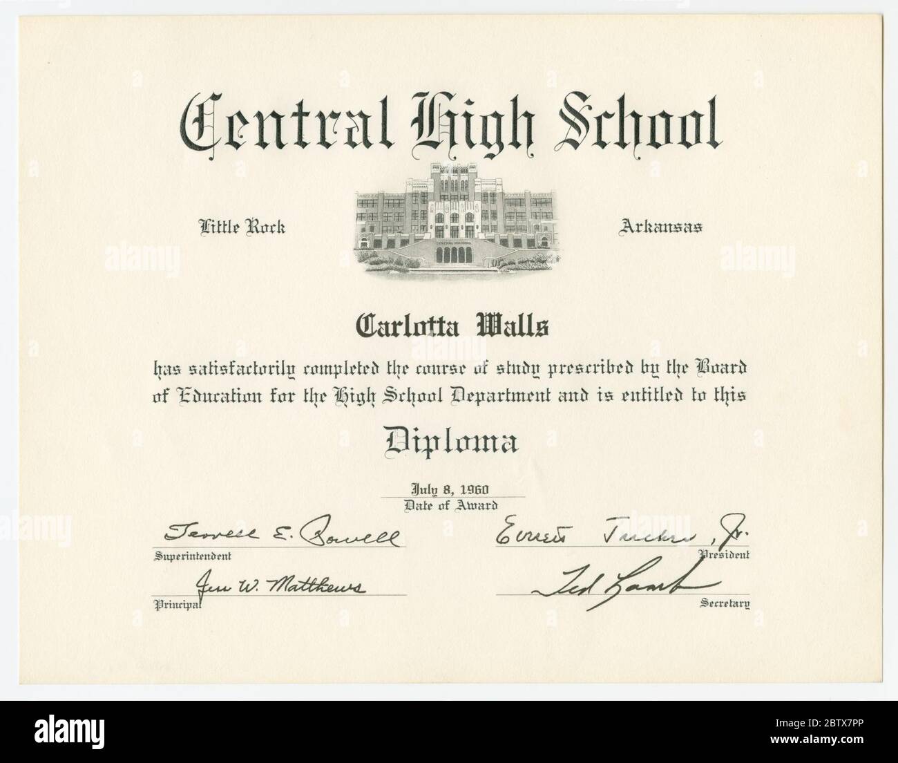 Diploma for Carlotta Walls from Little Rock Central High School. The ...