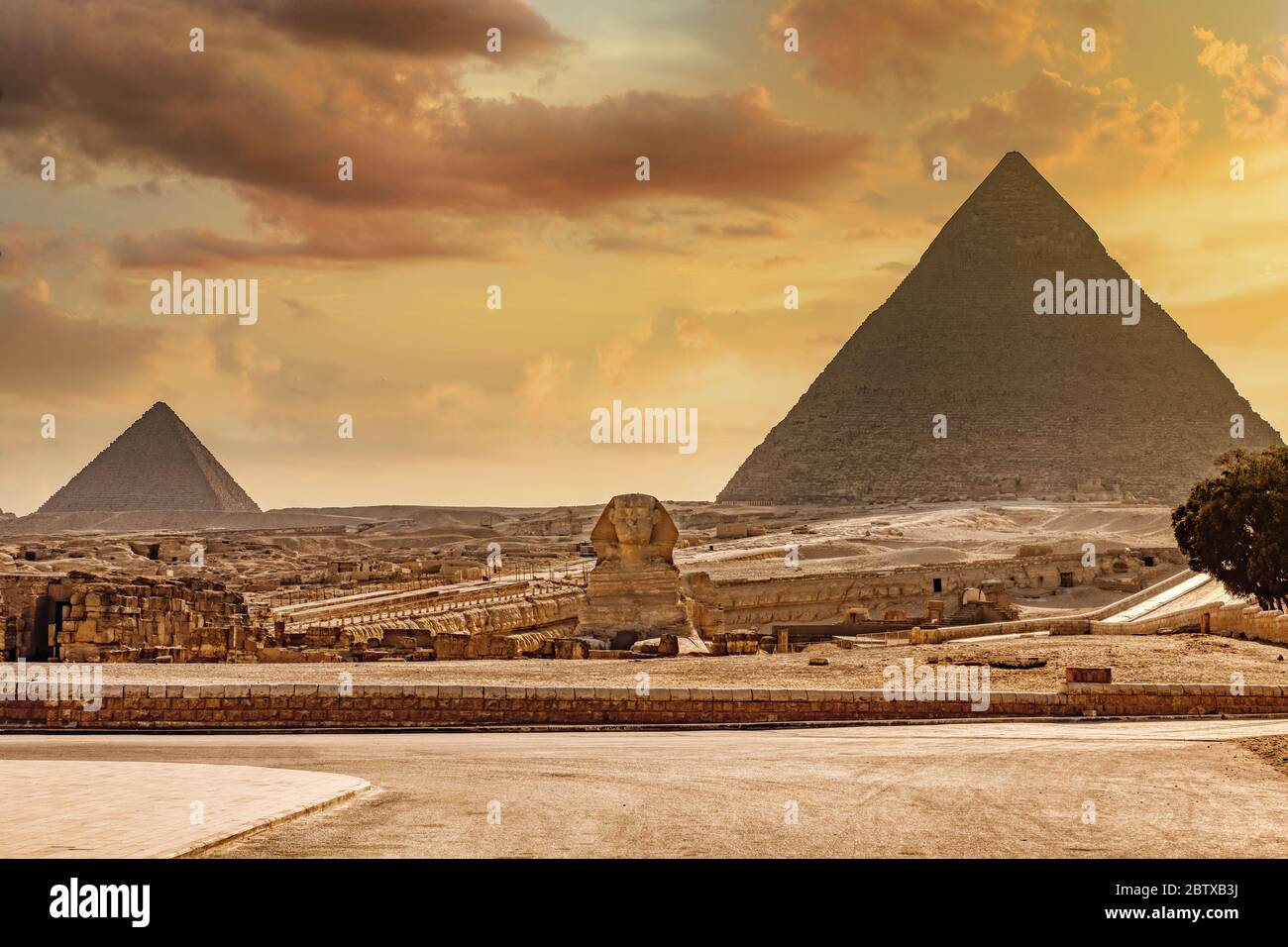 Carved great Sphinx in front of Pyramid of Giza in Egypt with dramatic ...