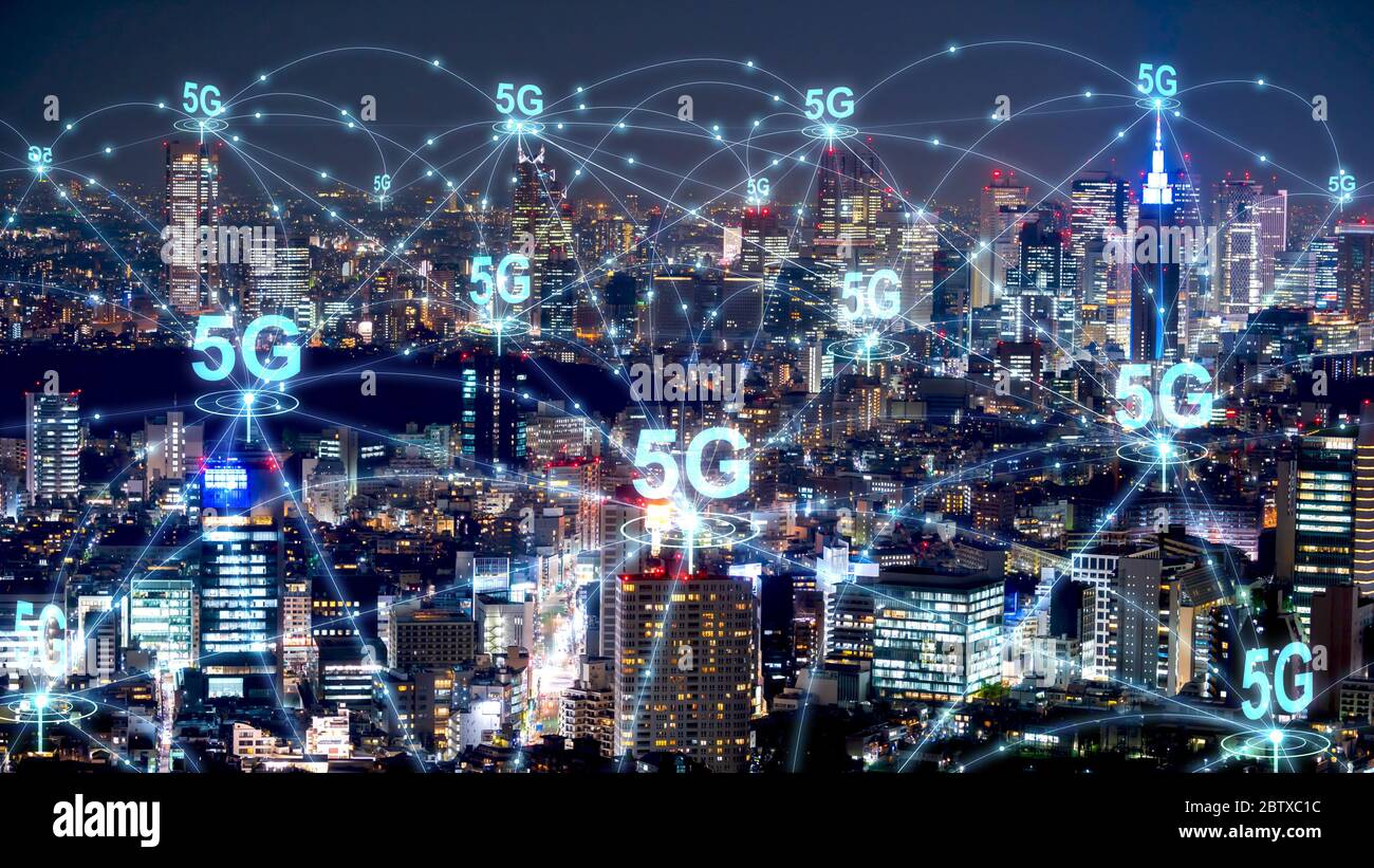 5G network wireless systems and internet communication with modern city ...