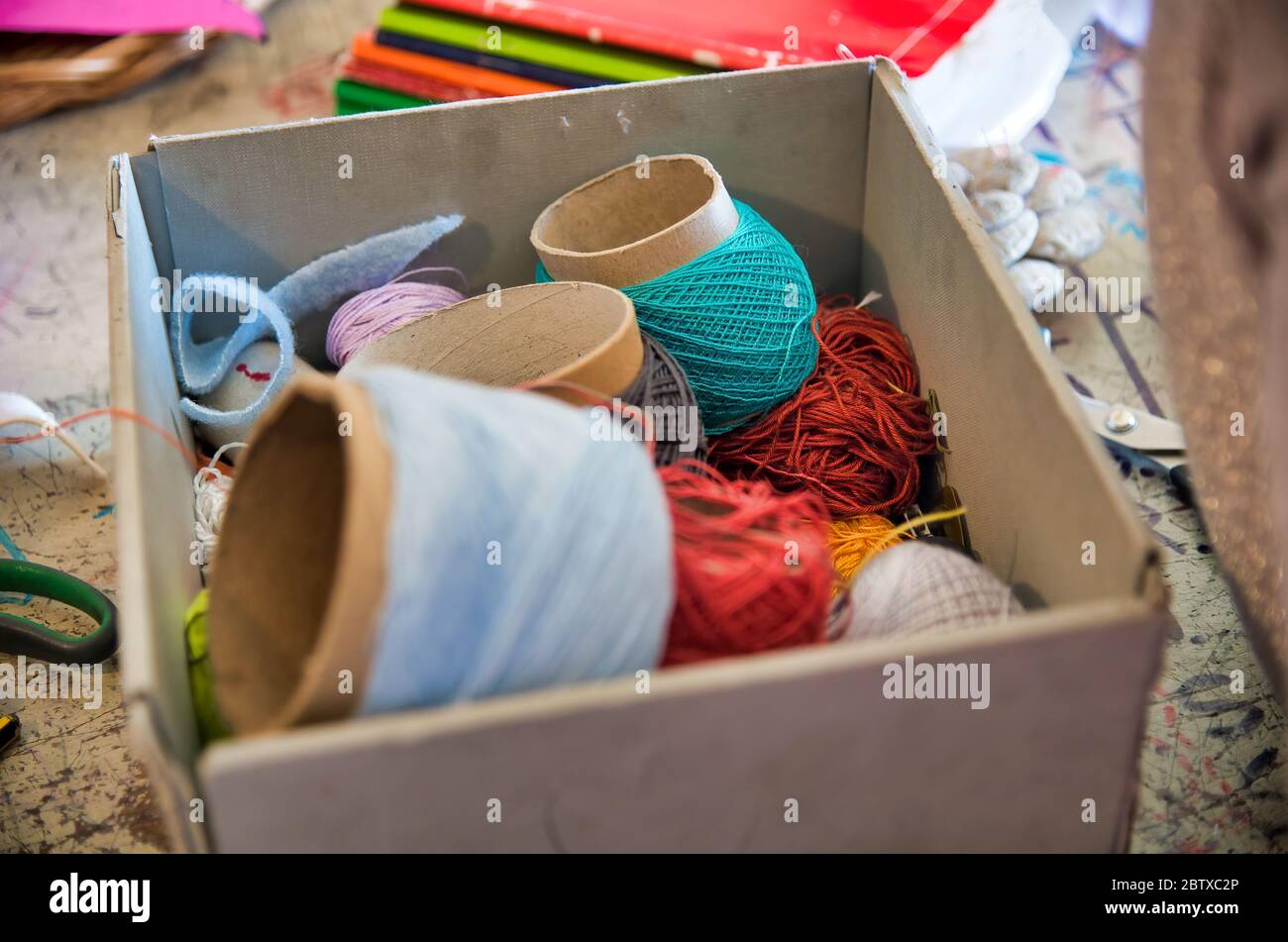 Different color balls of threads wool yarn isolated, lab in background ...