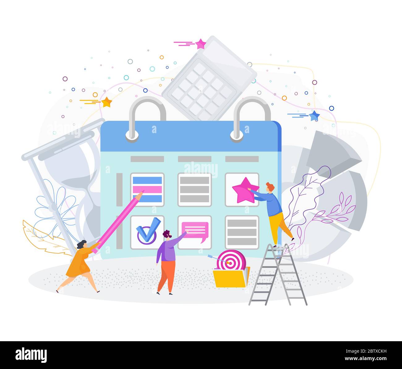 Agenda.Time management. Little people write notes in diary, organizer ...