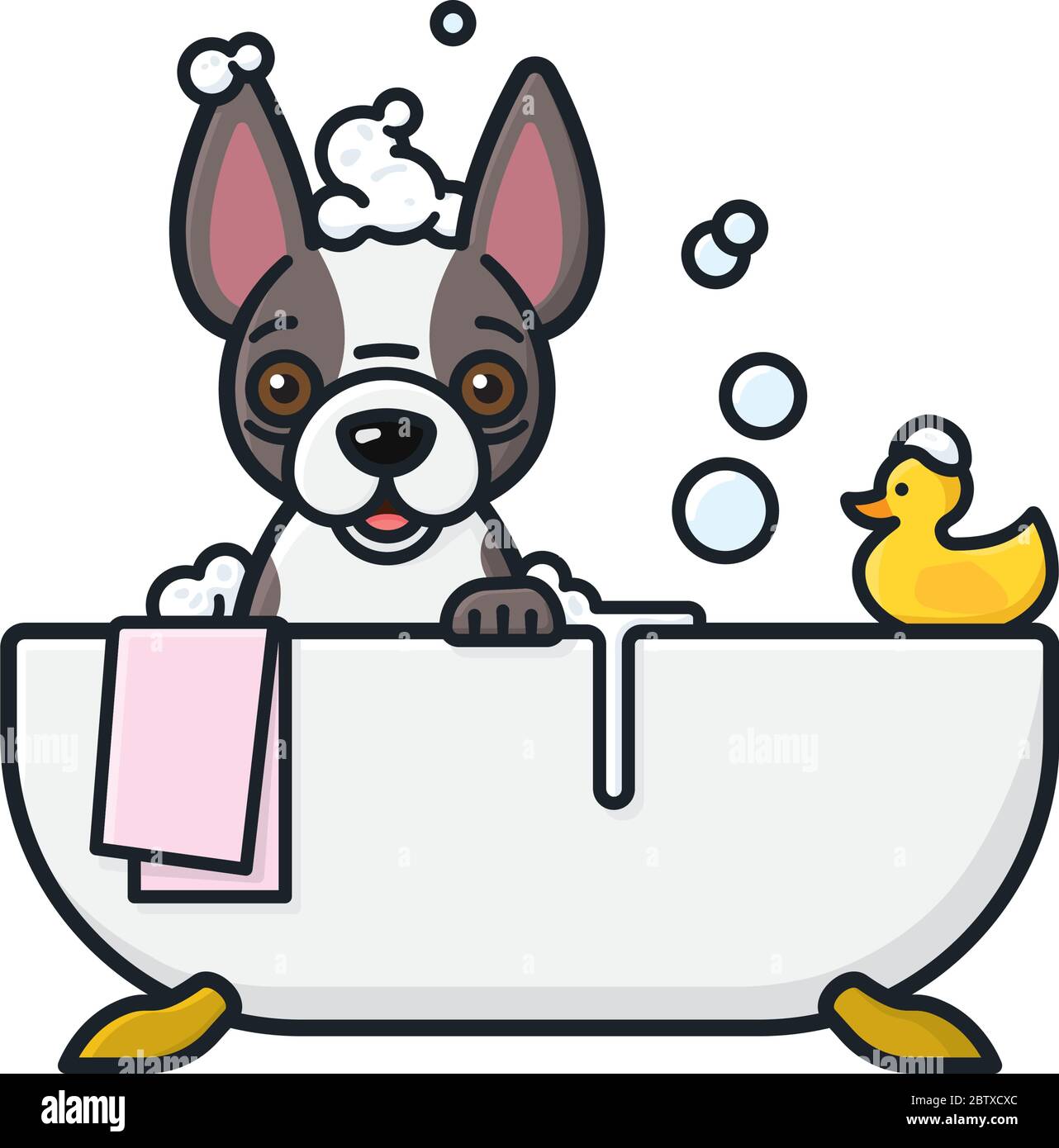 French Bulldog cartoon character bathing in bathtub isolated vector ...