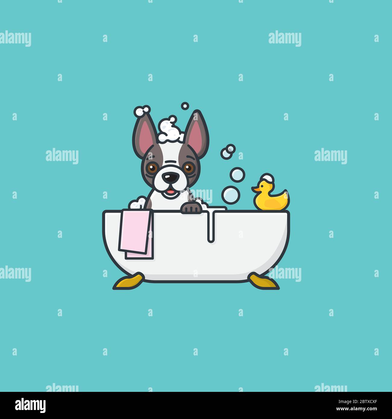 French Bulldog cartoon character bathing in bathtub vector illustration ...