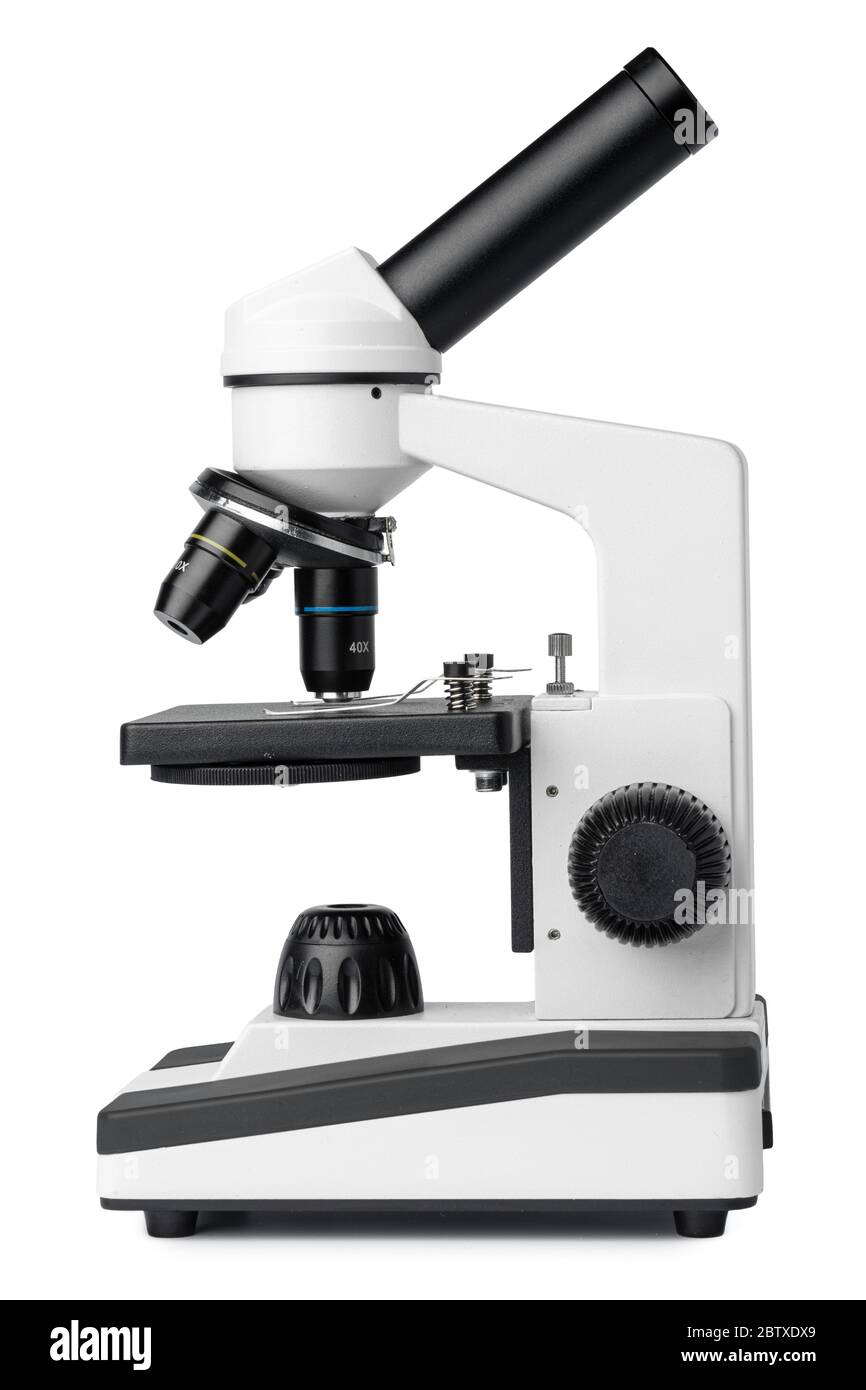 Scientific microscope isolated on white background, front view Stock ...