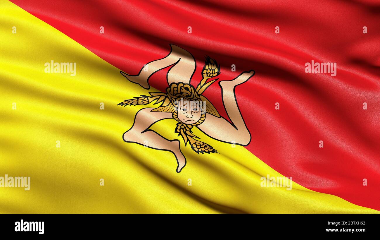 3D illustration of the Italian state flag of Sicily waving in the wind ...