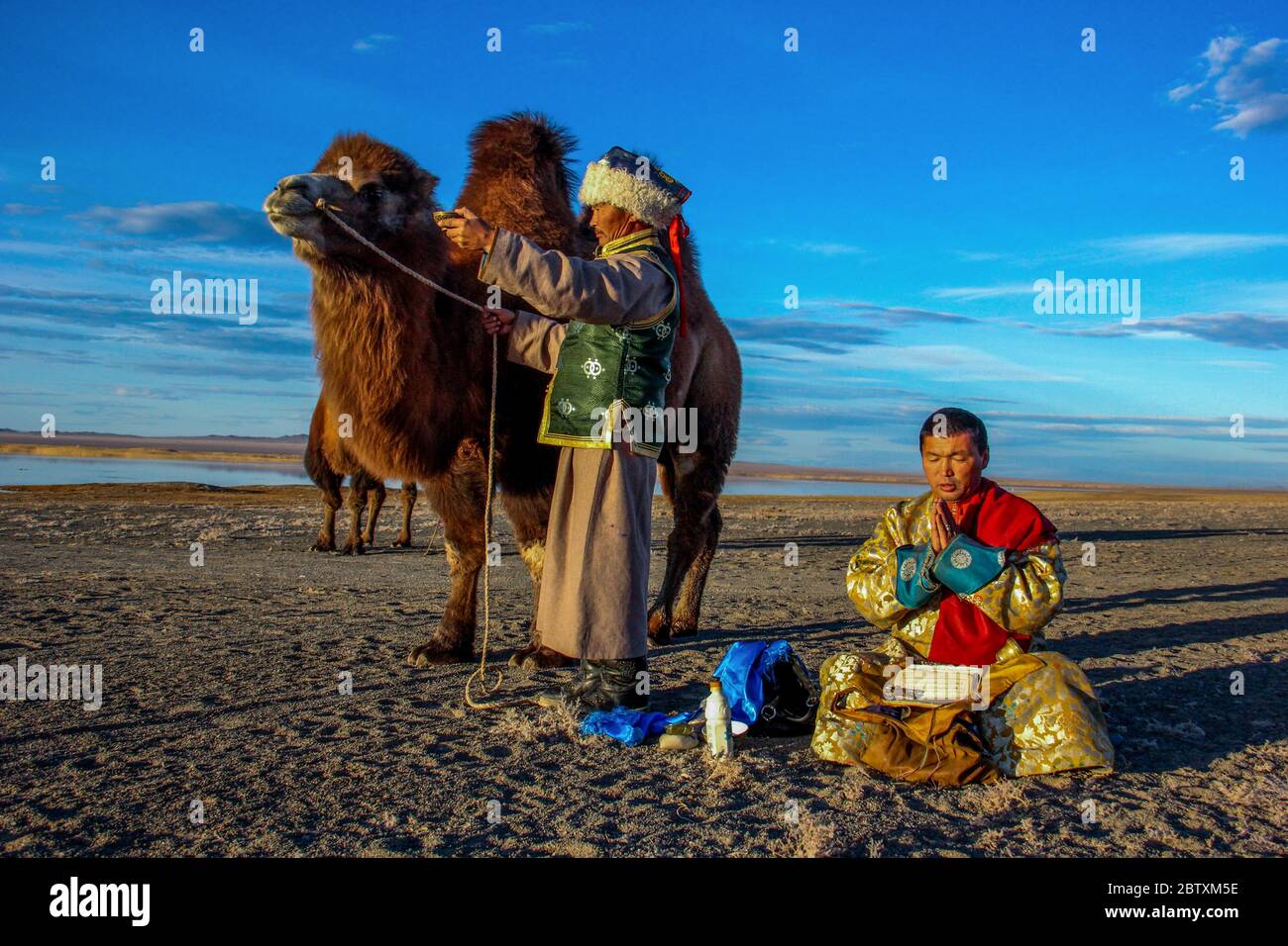 Two mongolians in traditional dress with trampling animals at prayer hi ...