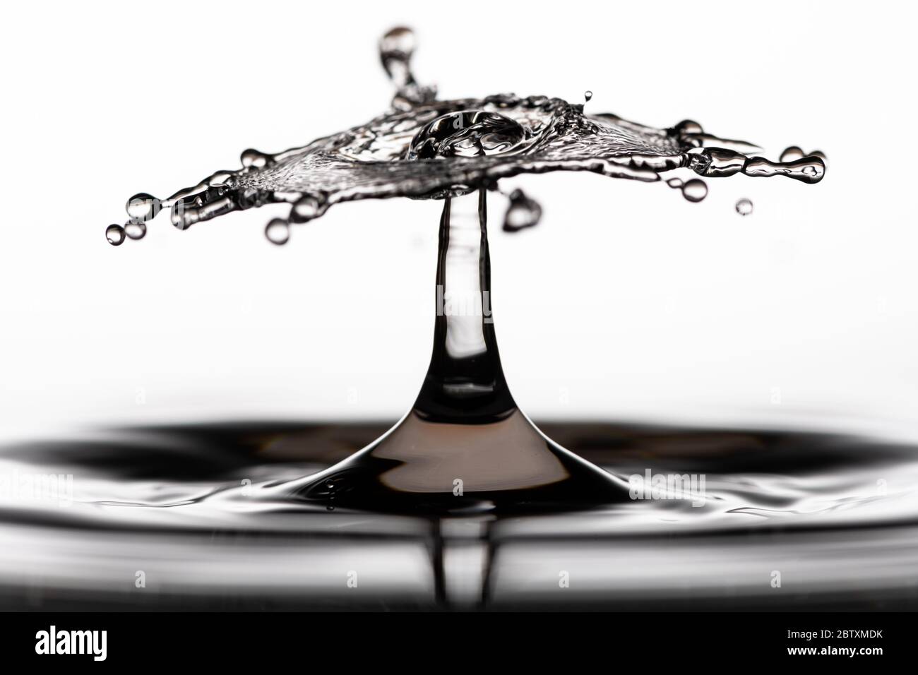 Closeup of collision of two water droplets hitting the surface, white ...