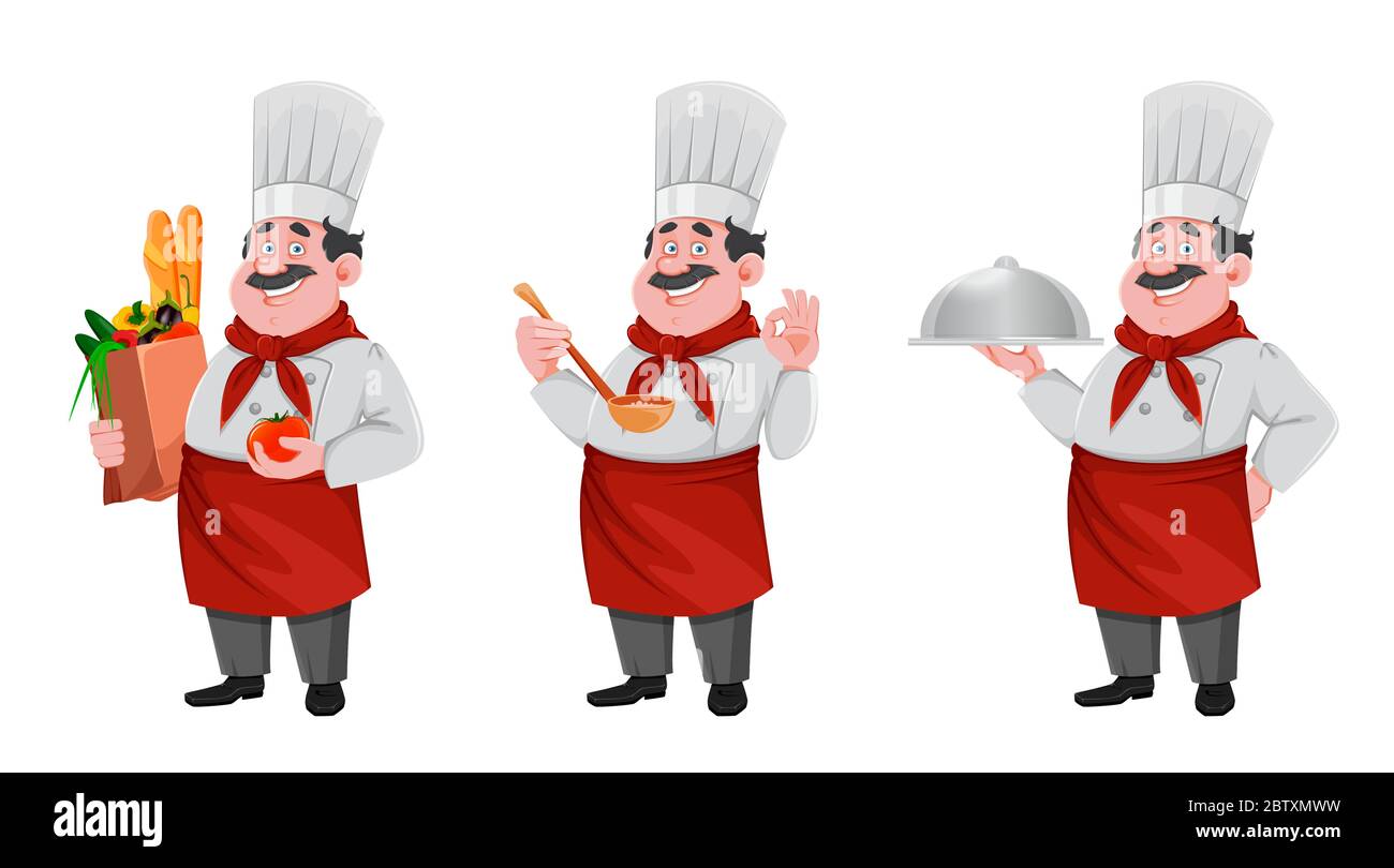 Handsome chef cartoon character, set of three poses. Cheerful cook in ...