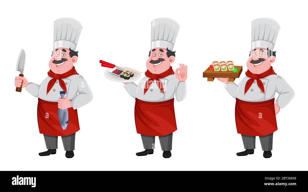 Handsome chef cartoon character, set of three poses. Cheerful cook in ...