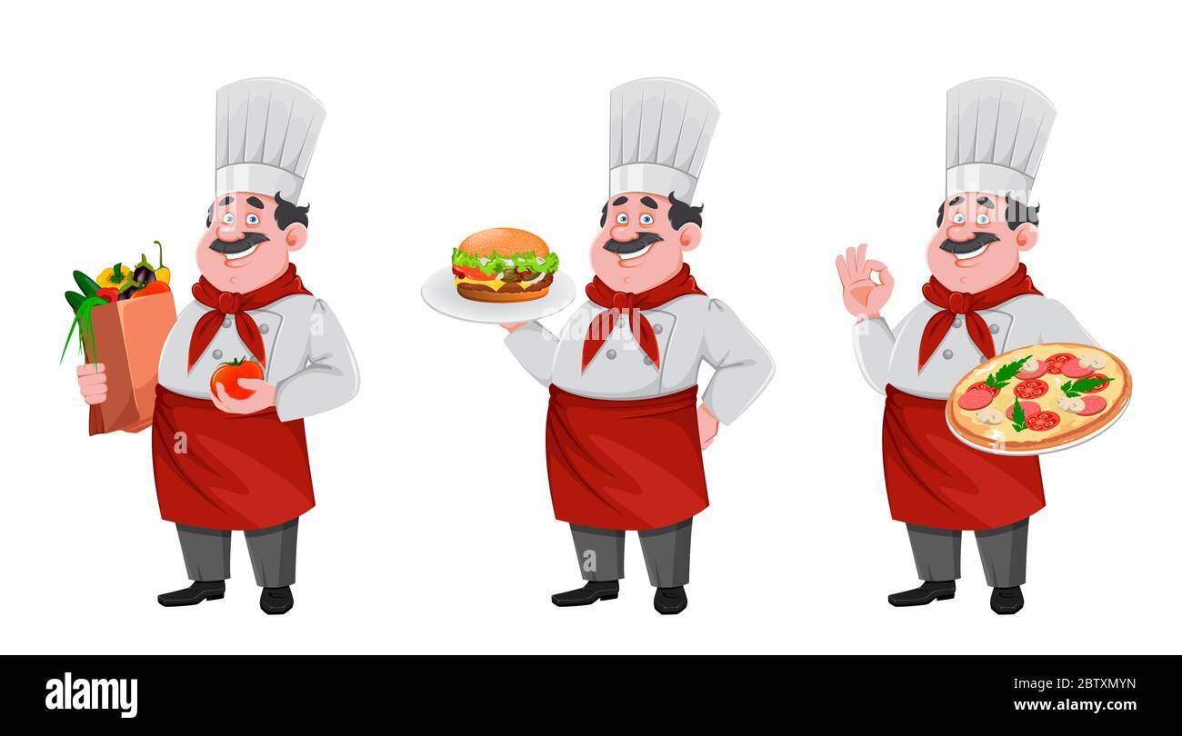 Handsome chef cartoon character, set of three poses. Cheerful cook in ...
