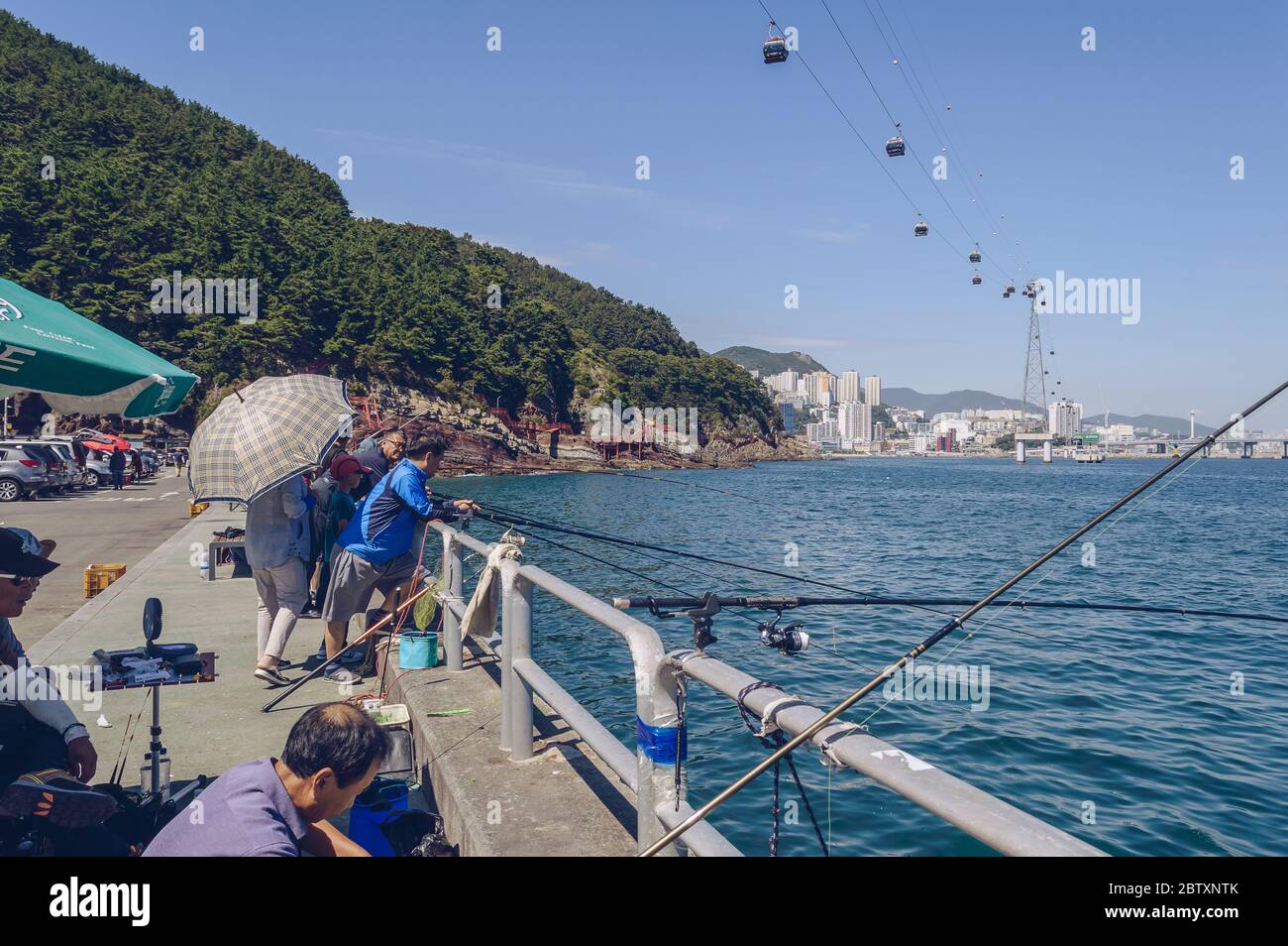 Busan, South Korea, September 14, 2019: mass fishing on sunny day at ...