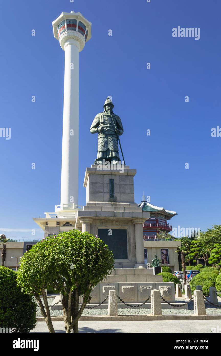 Busan, South Korea, September 14, 2019: statue of admiral and military ...