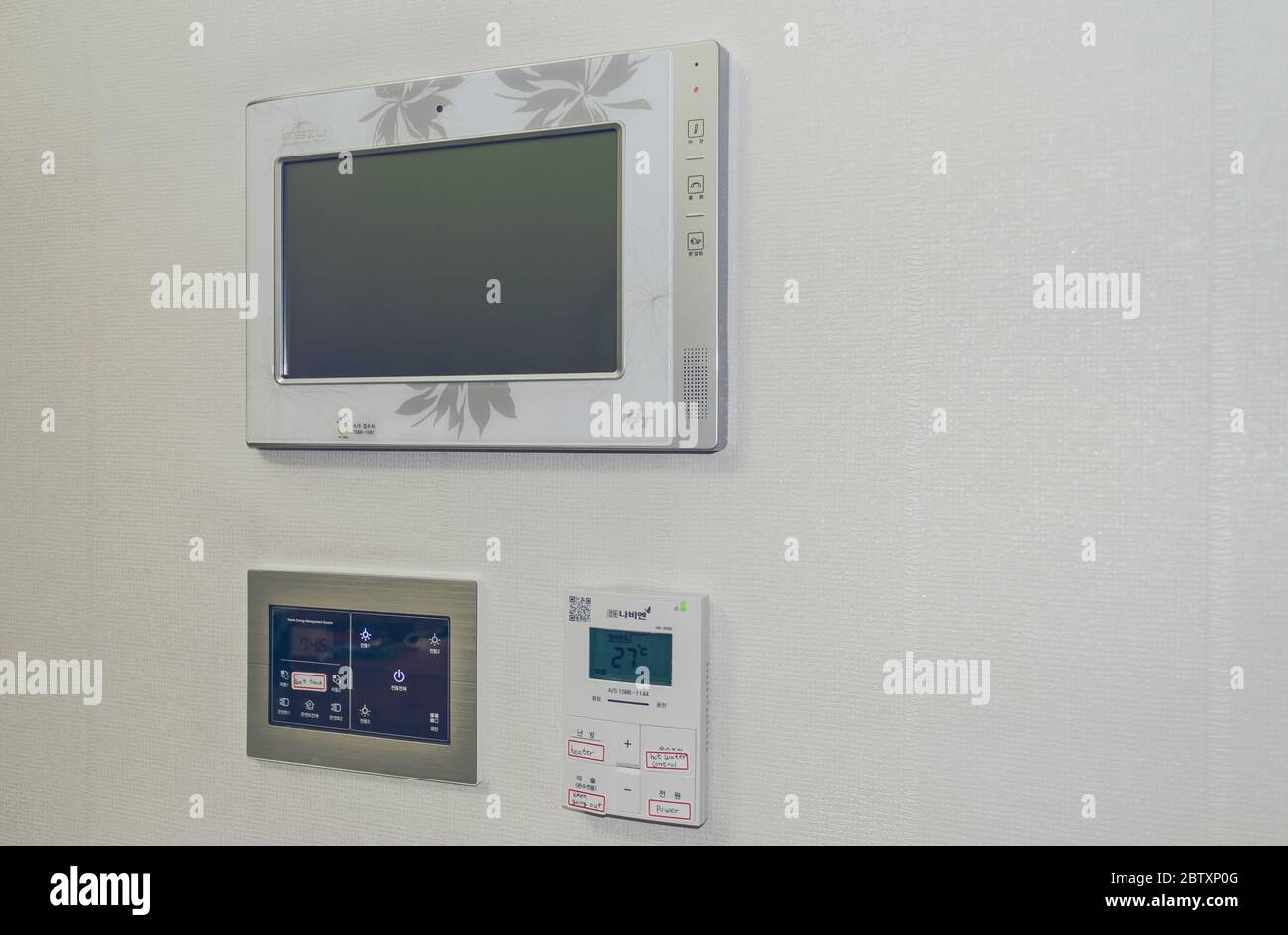 Busan, South Korea, September 14, 2019: Remote control panels for air ...