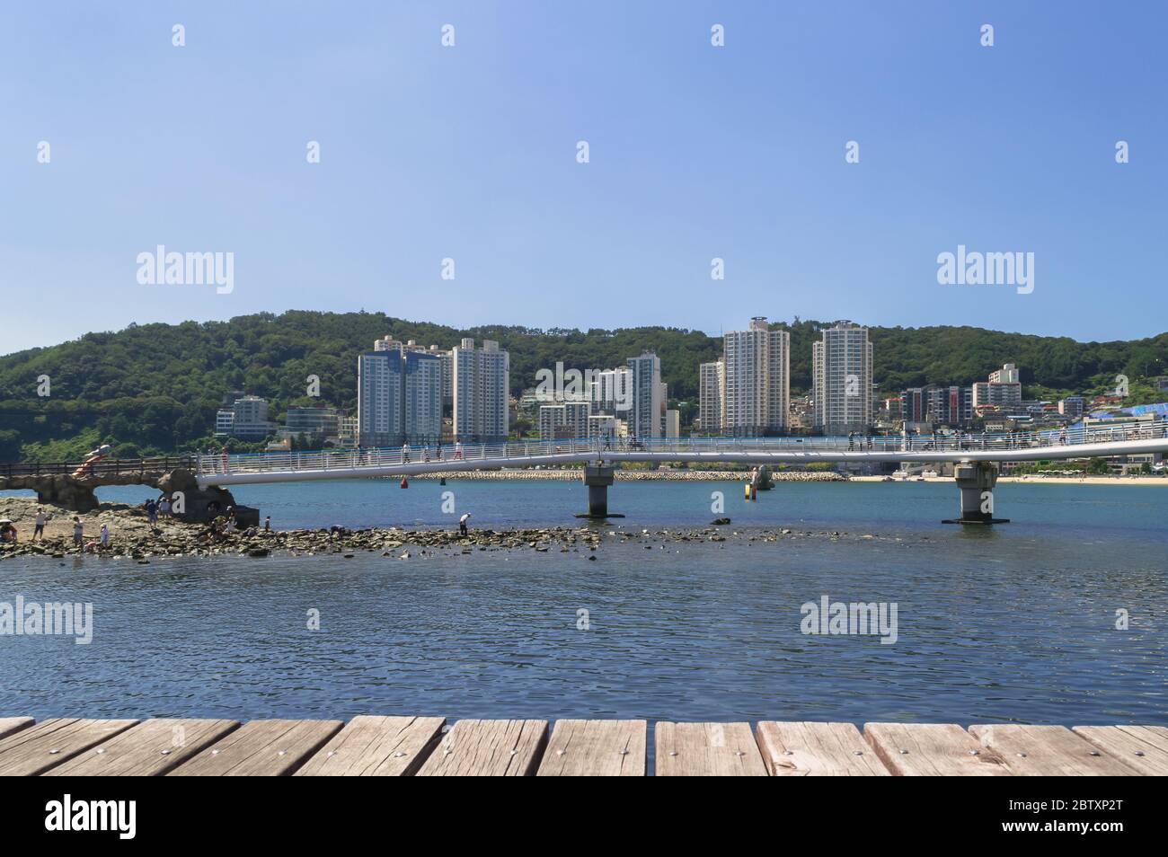 Busan, South Korea, September 14, 2019: view from wooden platform on ...
