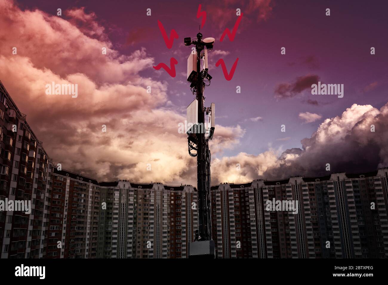 telecommunication tower with signal wave picture. a tower stands in the ...