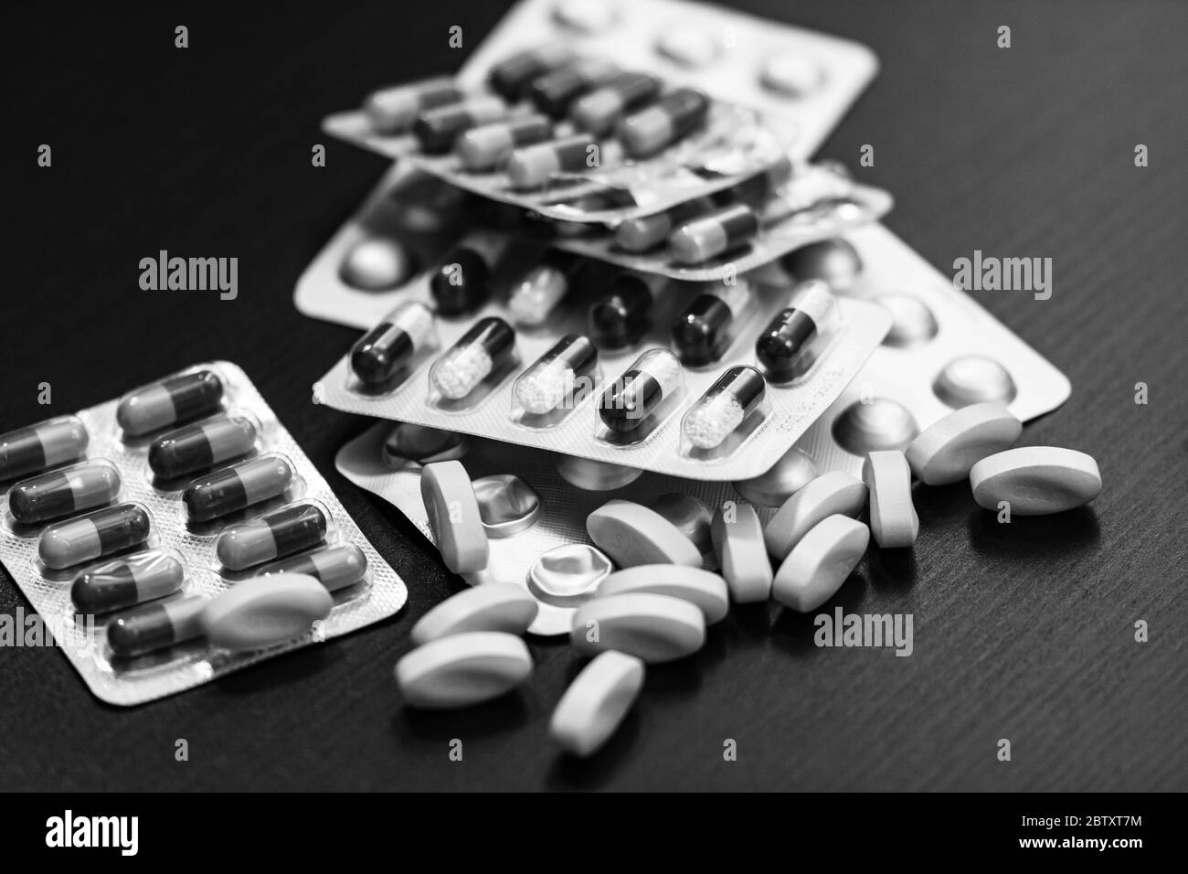 Close up of different types of painkillers, antibiotics, vitamins ...