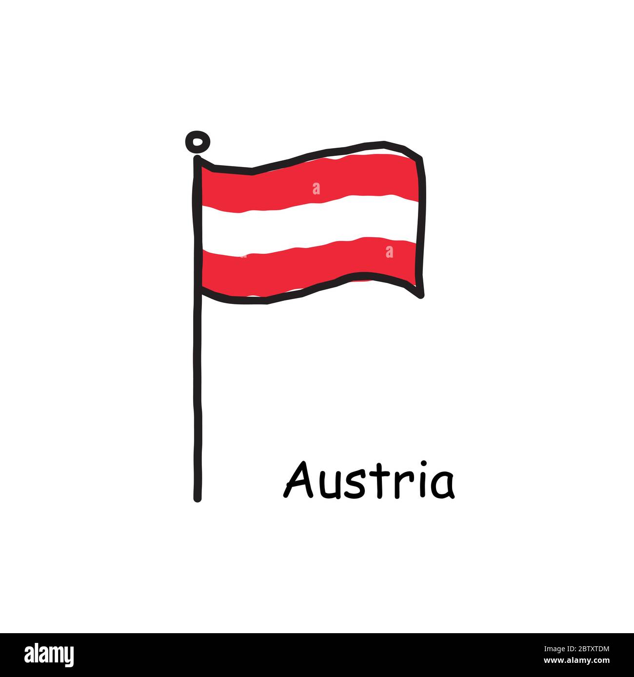 hand drawn sketchy Austria flag on the flag pole. three color flag ...
