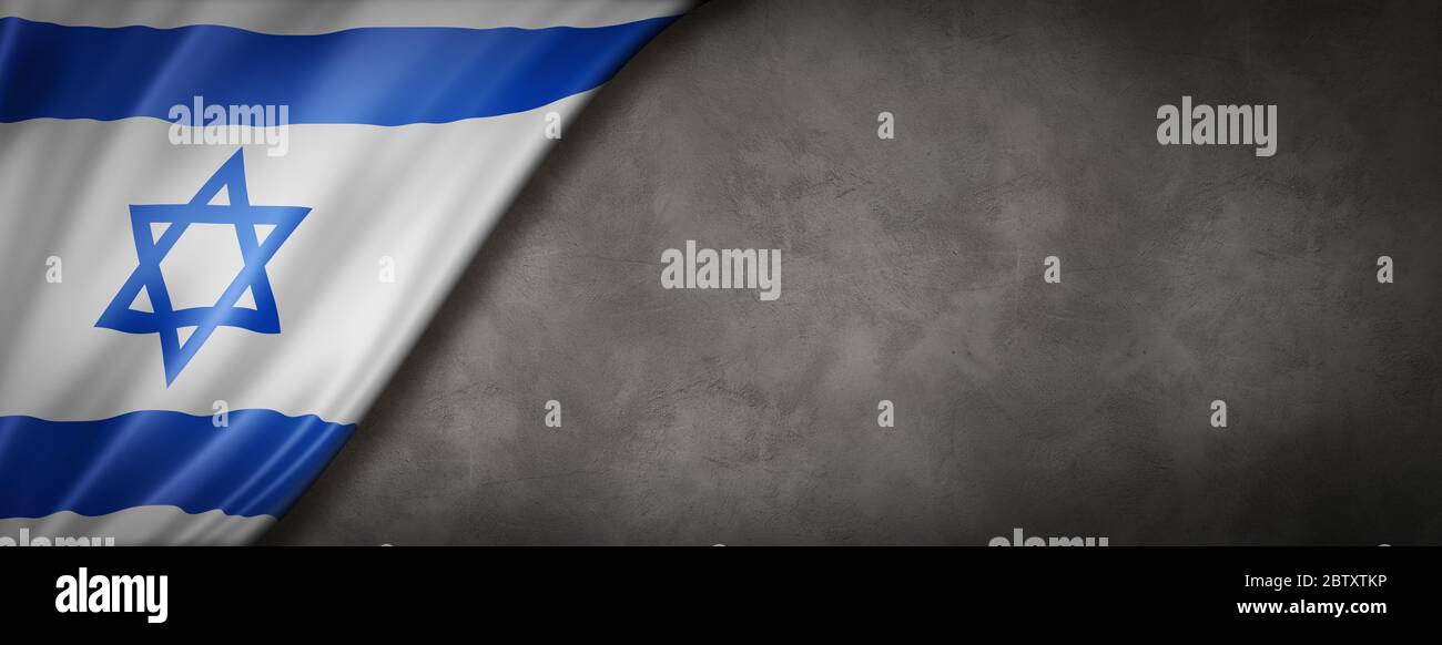 Israel flag on concrete wall. Horizontal panoramic banner. 3D ...