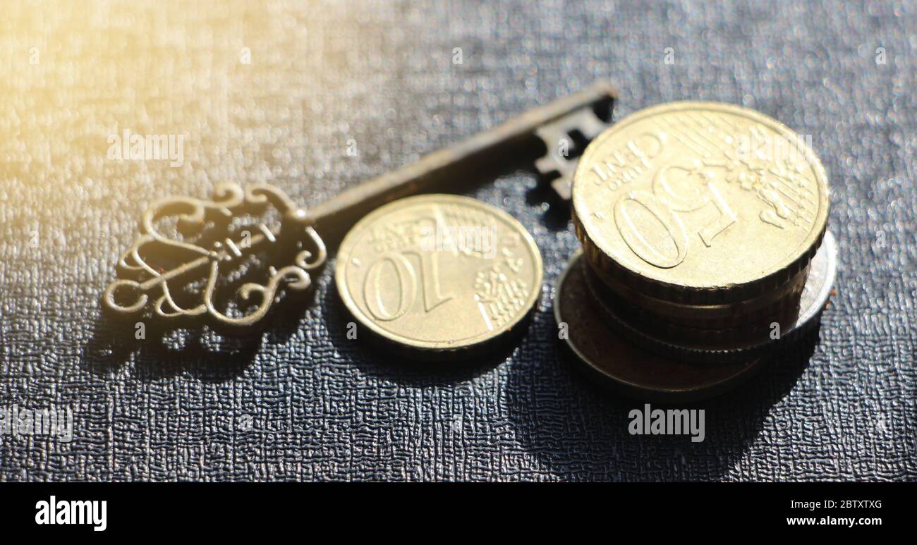 Vintage key with coins. Business startup concept Stock Photo - Alamy