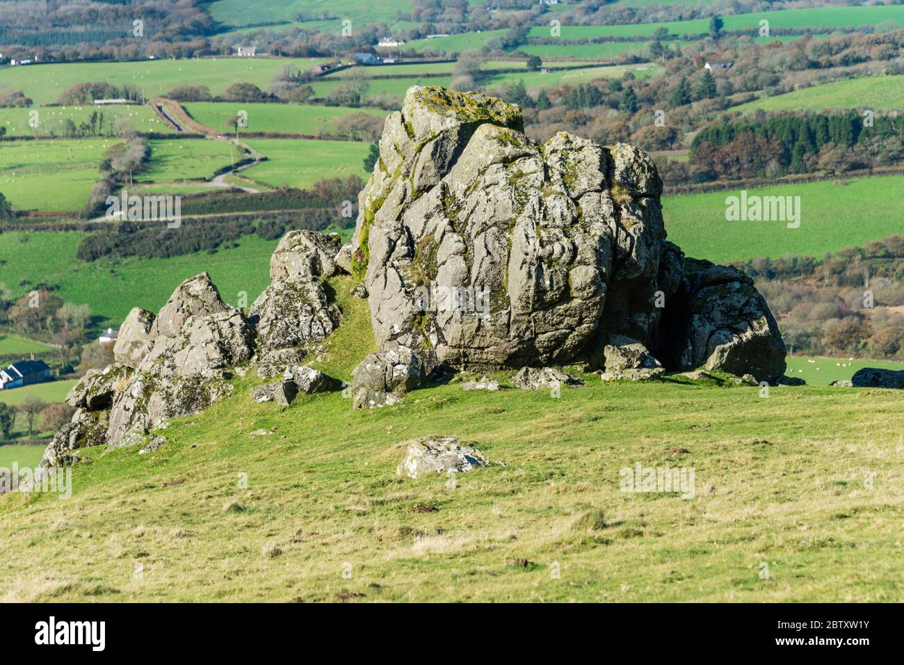 Dolerite outcrop on Sourton Tors, above the village of Sourton ...