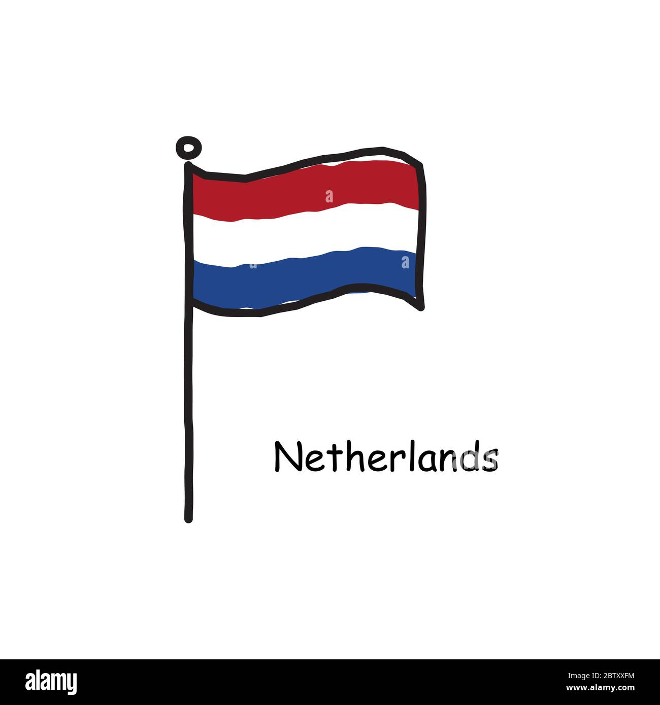 hand drawn sketchy Netherlands flag on the flag pole. three color flag ...