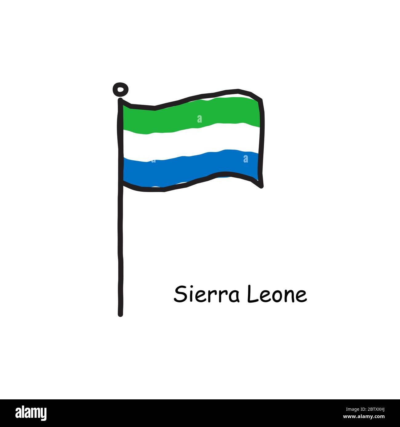 hand drawn sketchy Sierra Leone flag on the flag pole. three color flag ...